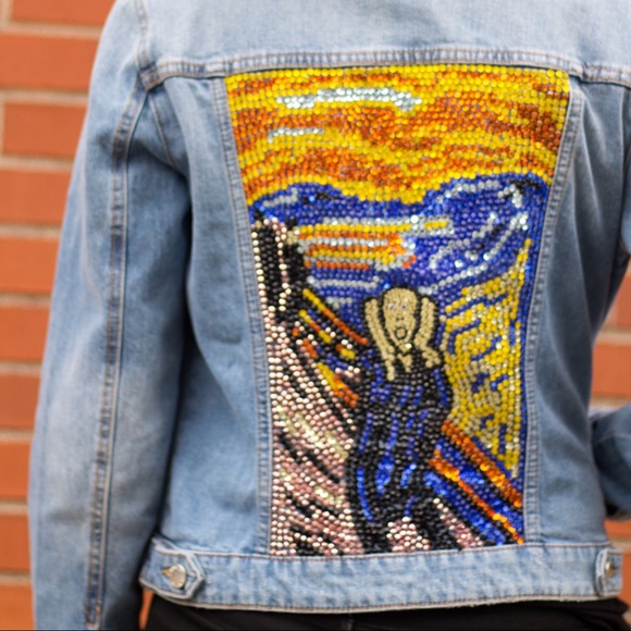 Zara | Jackets & Coats | Custom Rhinestone Denim Jacket The Scream ...